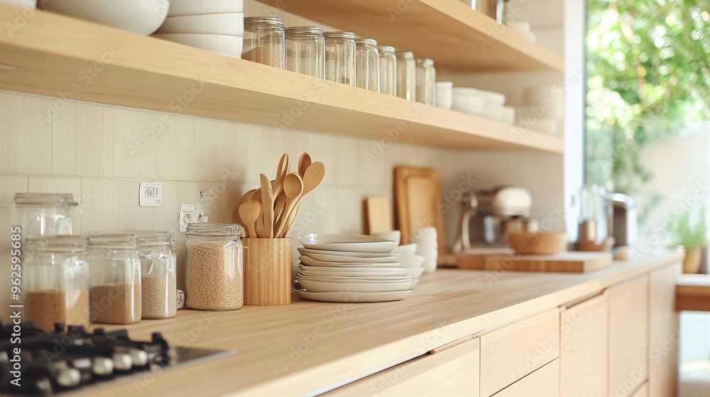 Scandinavian kitchen, light wood cabinets, open shelves with neatly ...