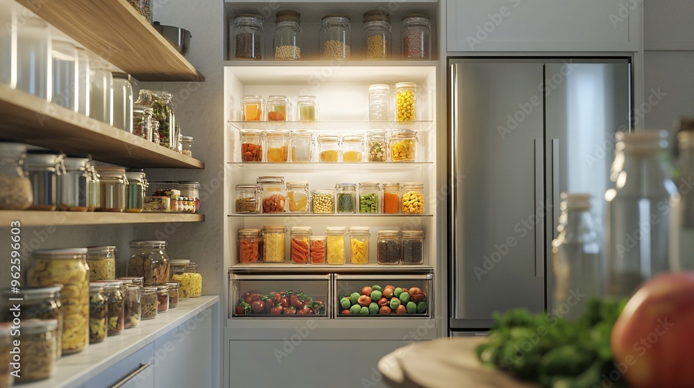 modern farmhouse fridge, neatly organized shelves, glass jars with ...