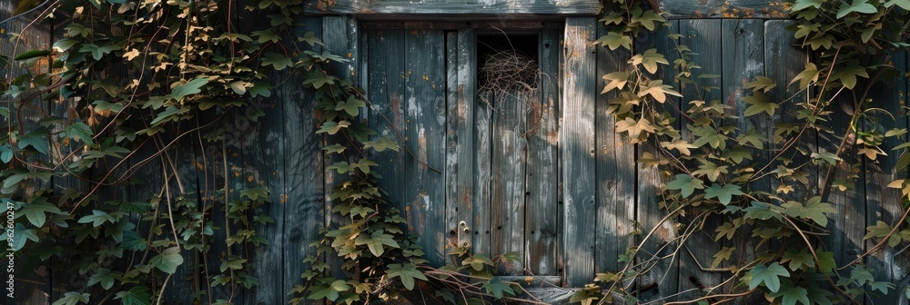 Neglected house window covered in climbing ivy, featuring a rural ...