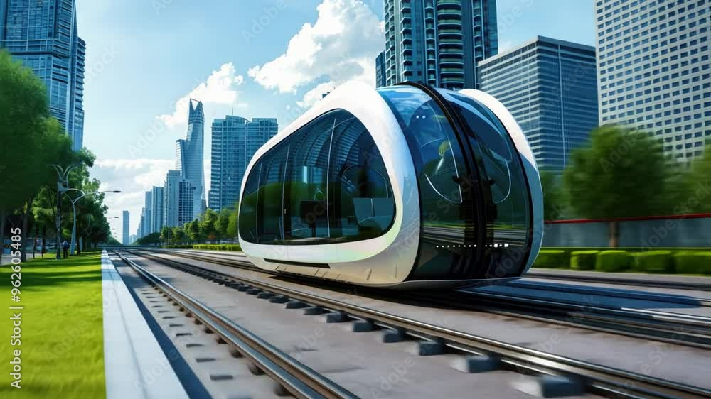Futuristic Urban Transit: A sleek, modern pod train glides effortlessly ...