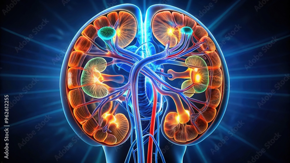 Illuminated microscopic image of a kidney's functional unit, the ...