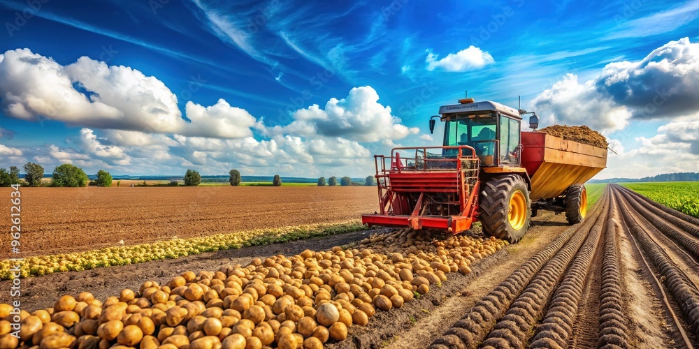 Rural landscape with a modern agricultural machine, a self-propelled ...