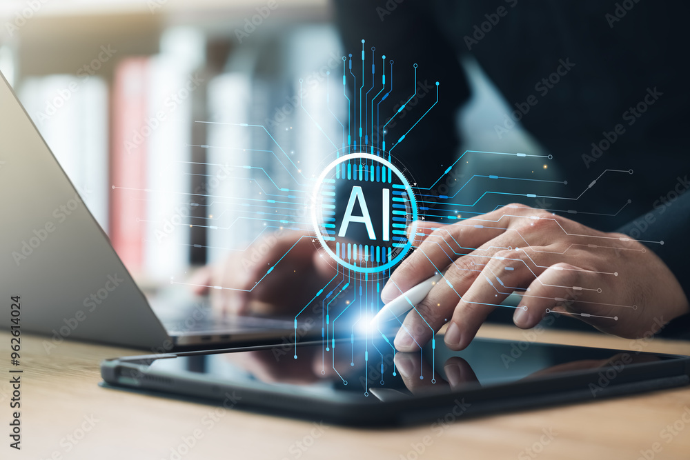 AI technology in daily life and business, young man uses tablet and ...