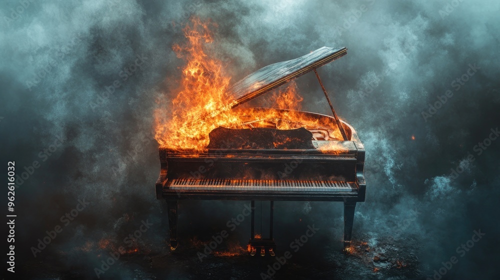 Exploding grand piano with fire shooting from its interior, shrouded in ...