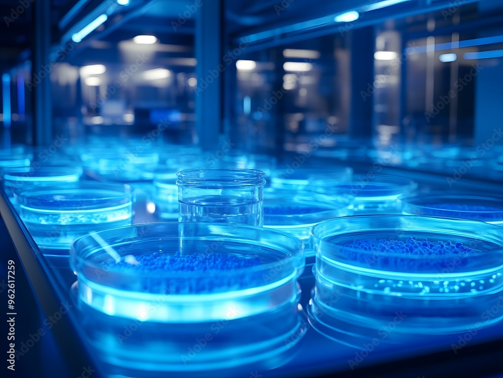 Futuristic biotech lab with rows of petri dishes growing genetically ...