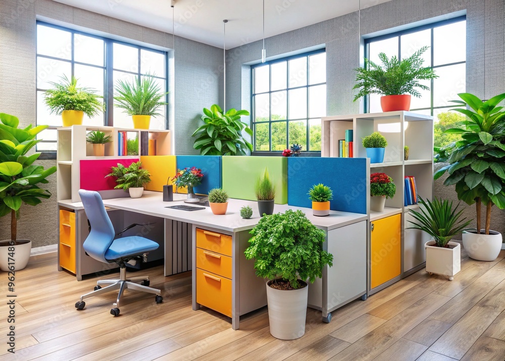 Colorful office cubicle with motivational posters, potted plants, and ...