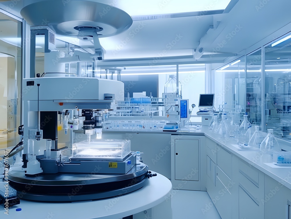 Sterile biotech lab with automated machines producing synthetic ...
