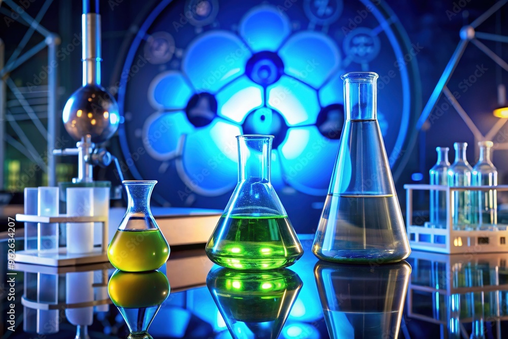 Glowing protactinium samples and beakers on a laboratory bench ...
