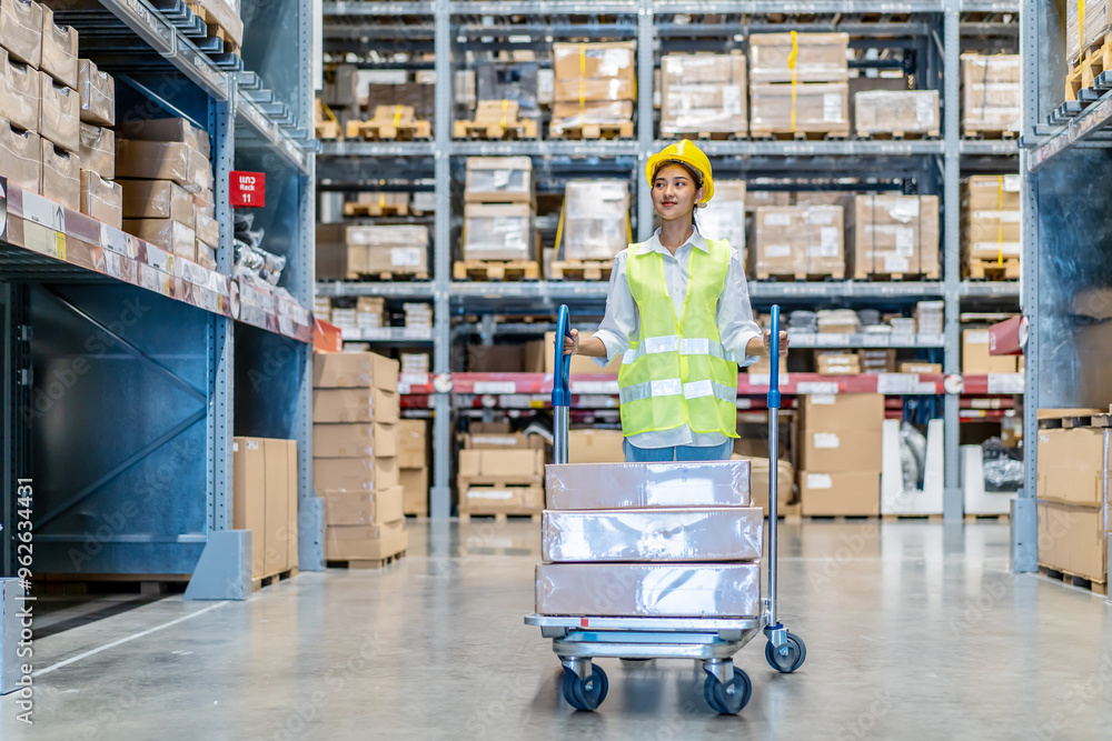 Portrait of employee female warehouse professional worker in uniform ...