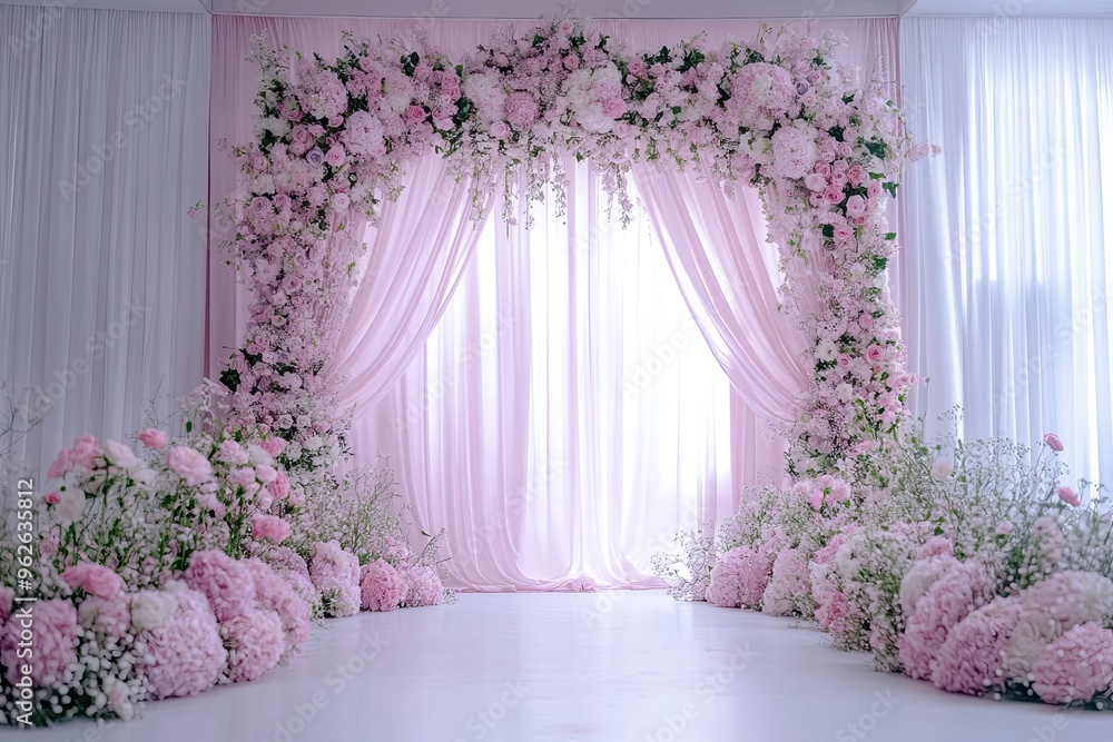 Romantic pink floral wedding arch with drapery, Beautiful wedding arch ...