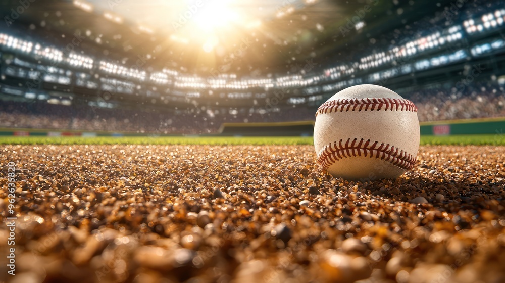 Golden Hour Glow at Baseball Stadium: Detailed Dugouts, Energetic Crowd ...