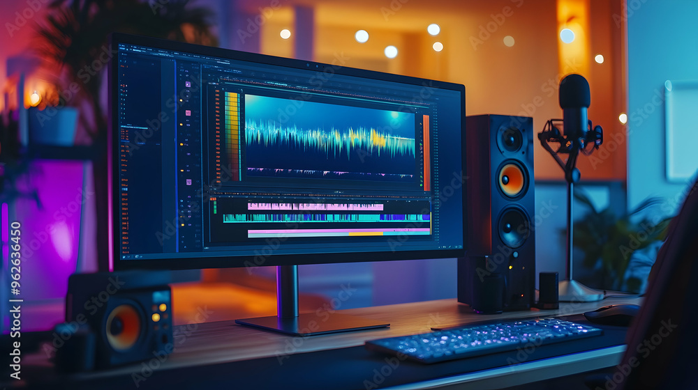 Computer monitor displaying a detailed video editing timeline in a vibrant creative workspace ...