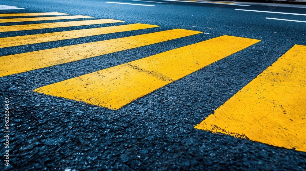 An intersection with freshly painted yellow traffic lines, showing ...