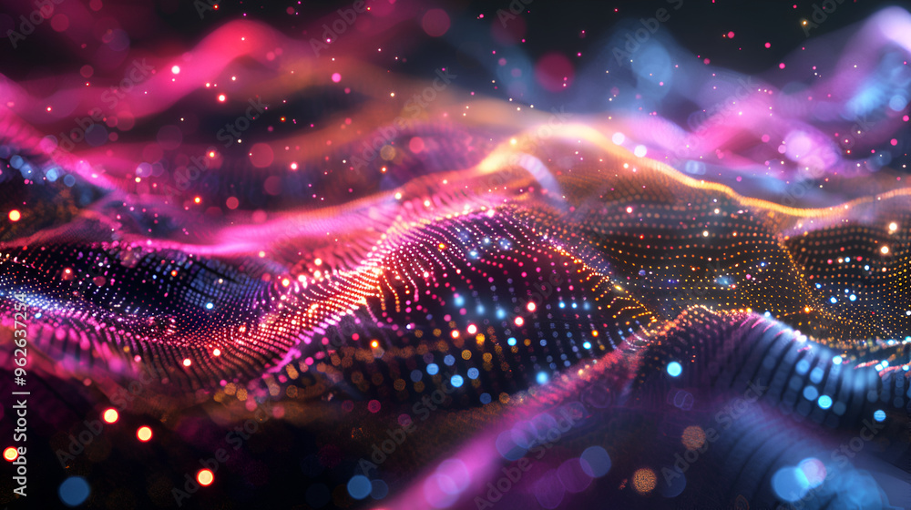Waves of light in neon colors, including hues of purple, pink, orange ...