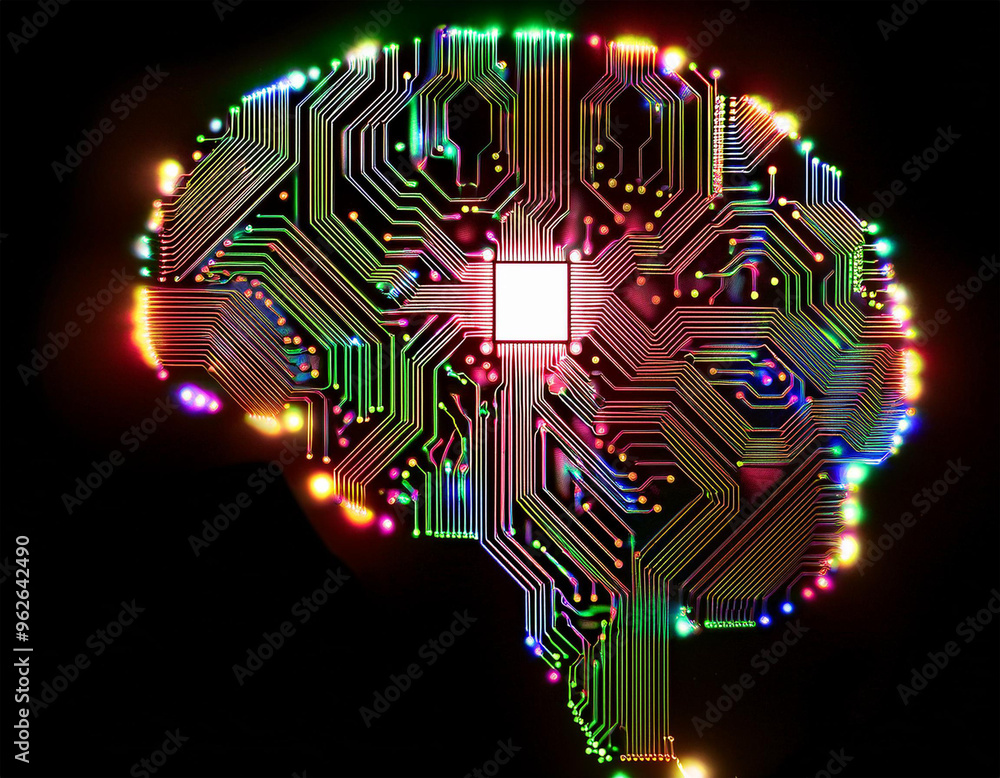 brain composed of a circuit of technological chips with light and ...