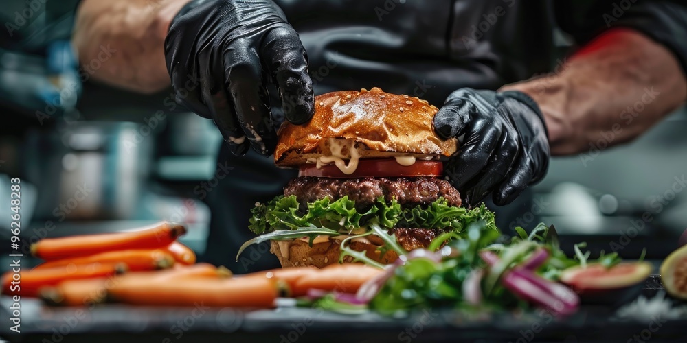 Skilled chef assembling a gourmet hamburger featuring bread, salad ...