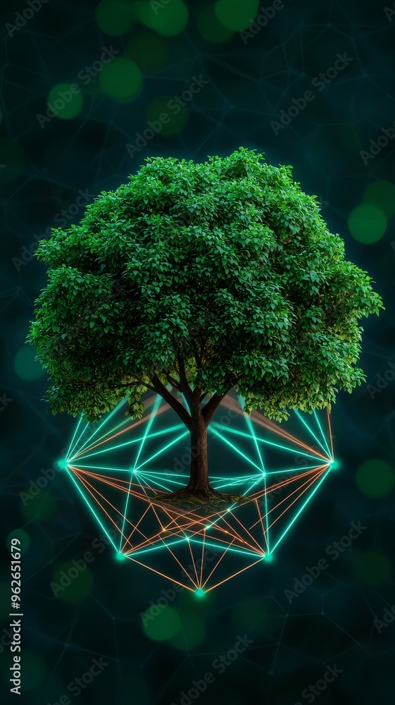 digital tree with network connecting nodes and neon lights for advanced ...