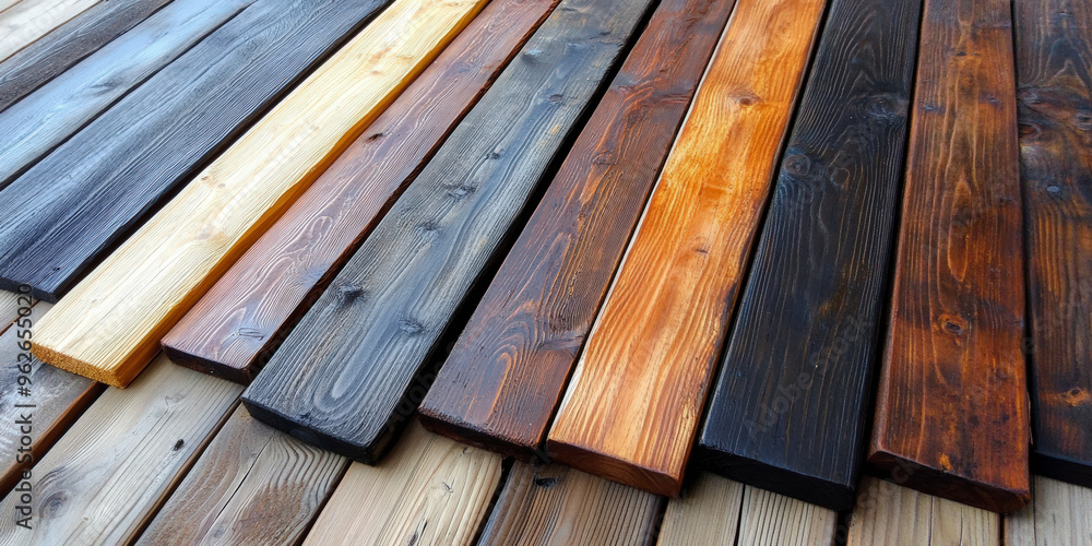 Various wooden planks in different shades and finishes are laid out in ...