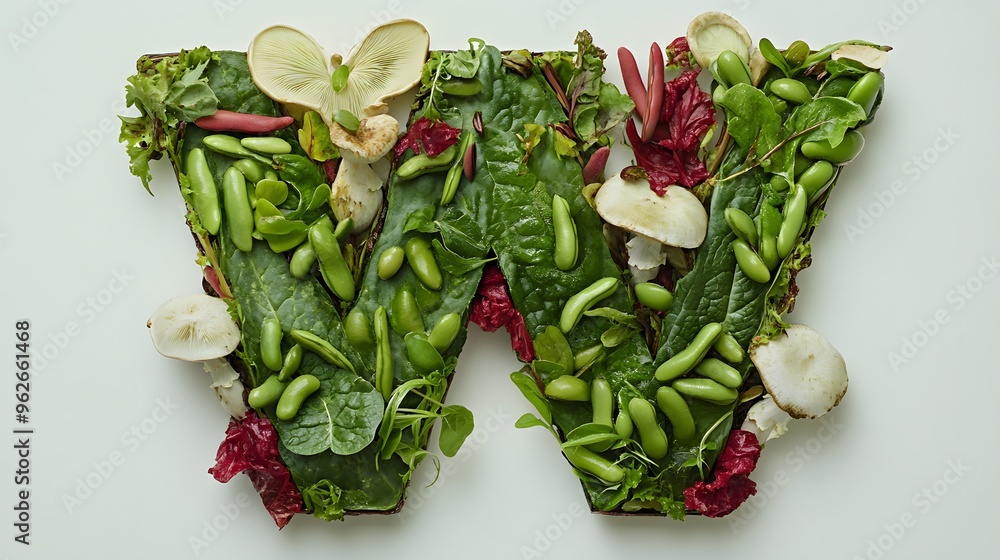 48. "The letter 'W' crafted from a mix of vegetables including ...