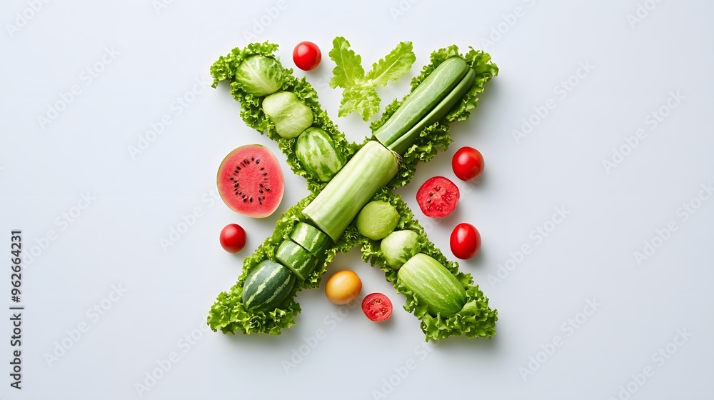 23. "A vibrant 3D depiction of the letter 'X' using vegetables like ...