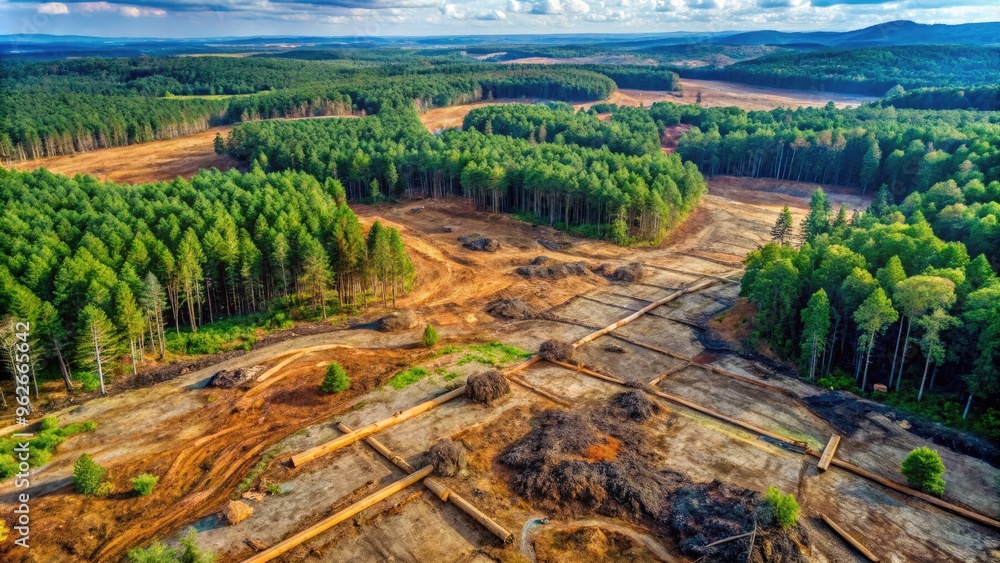 Aerial view of devastated forest landscape, with scattered remaining ...