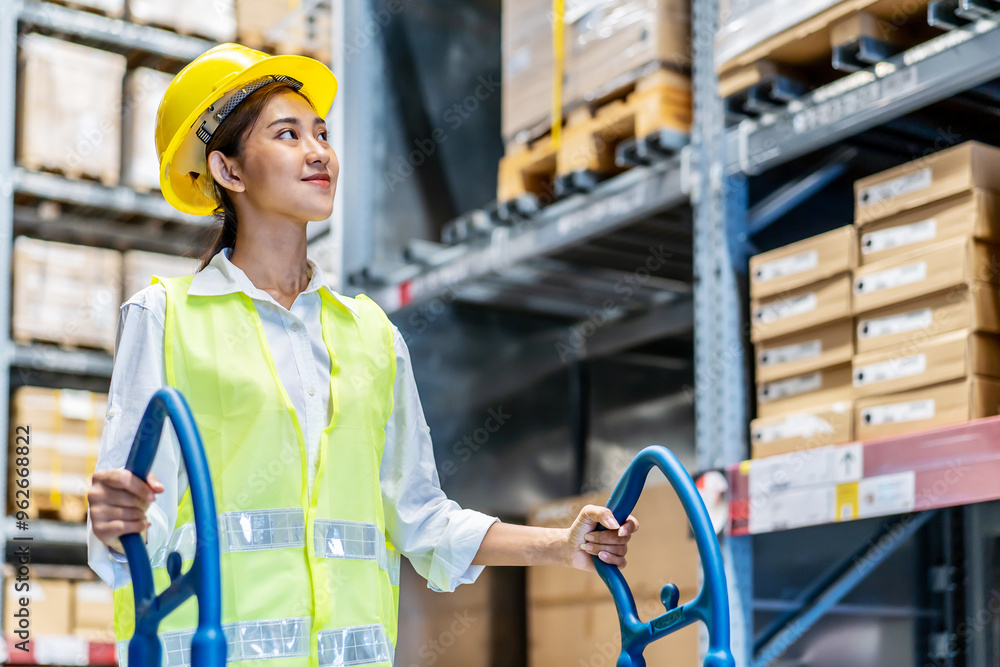 Portrait of employee female warehouse professional worker in uniform ...
