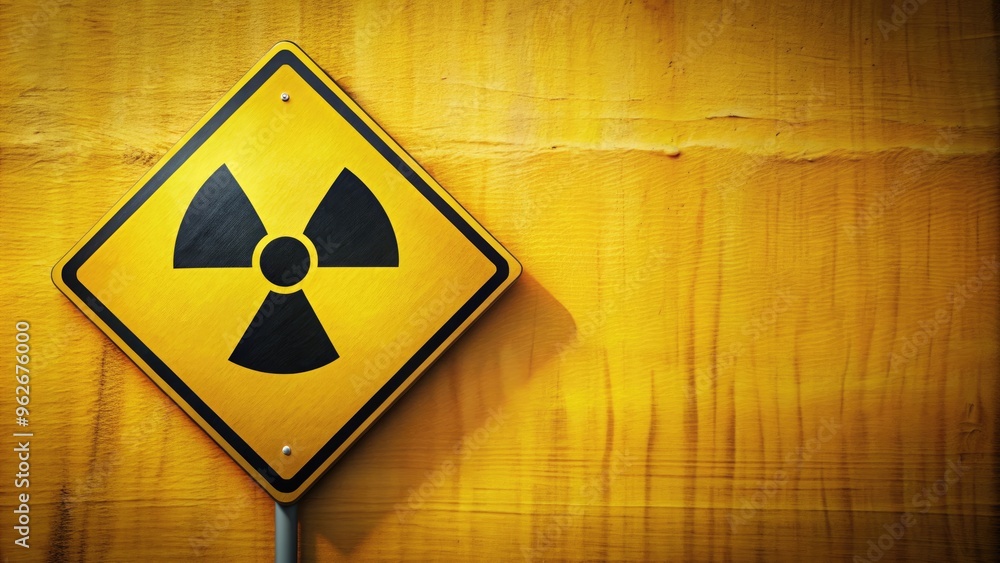 Radiation hazard sign with trefoil symbol and warning text on yellow ...