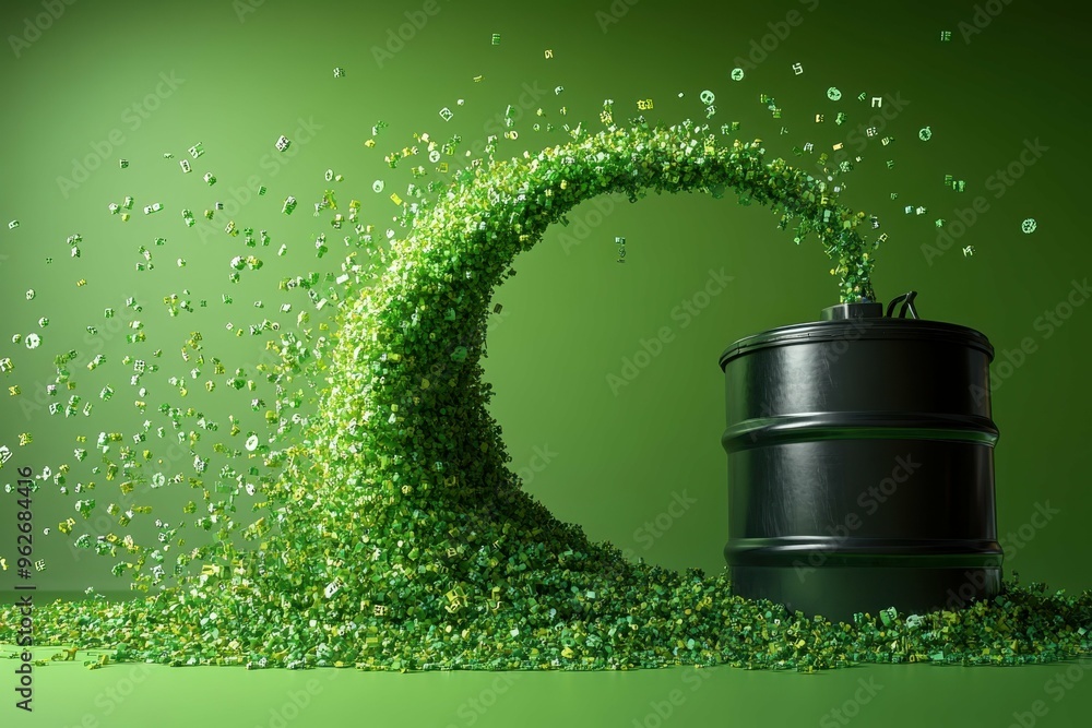 A stylized, flowing green wave seamlessly integrates into a fuel tank ...