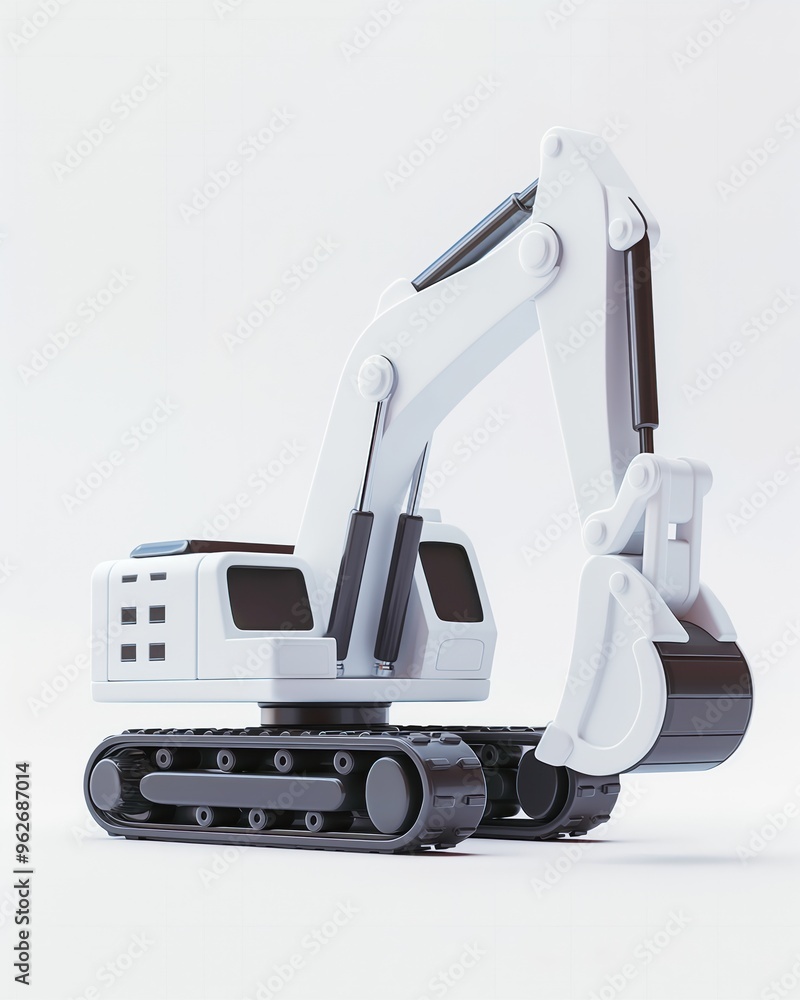 A stylized white excavator with tracks, designed for construction and ...