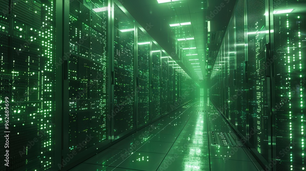 A dynamic image of a high-tech data center with rows of advanced ...