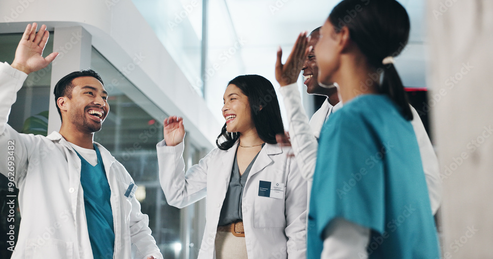 Healthcare, team and celebration in hospital for success, medical breakthrough and excited for ...