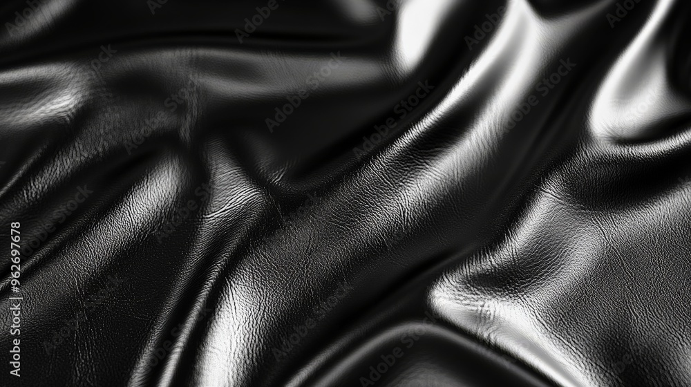 Close-up of black shiny leather texture with smooth folds and ...