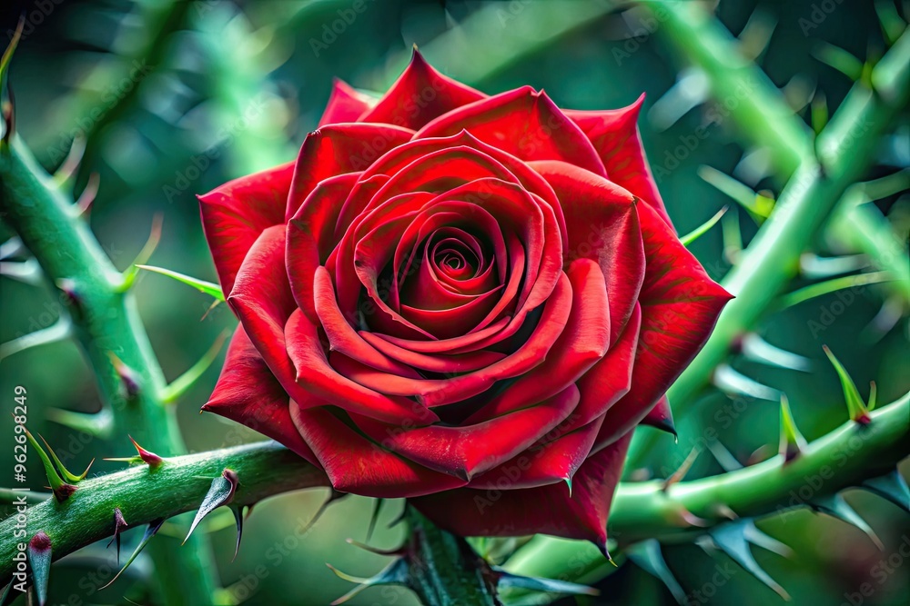 Delicate, velvety red rose petals unfolding from prickly, dark green ...