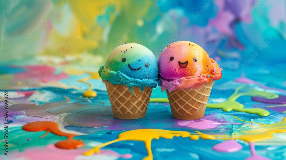 Two rainbow-colored ice cream cones with smiling faces stand on a ...