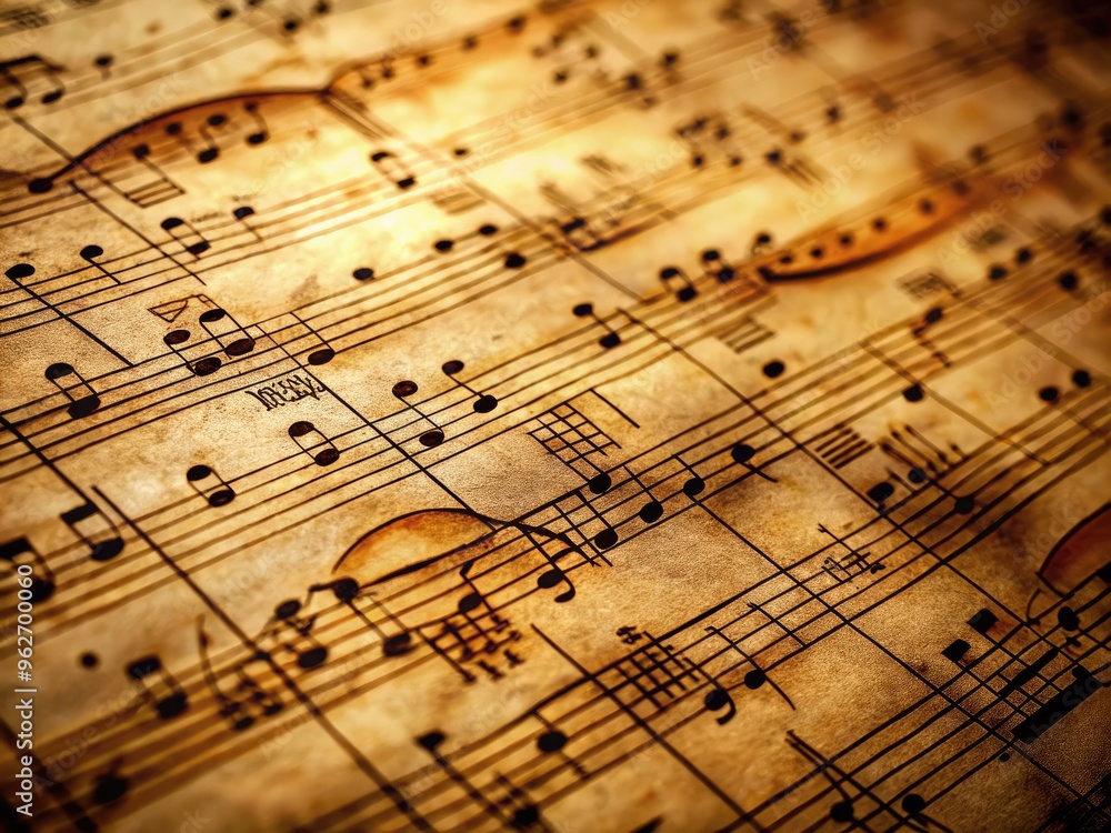 Elegant handwritten musical notes, rests, and dynamics adorn a vintage ...