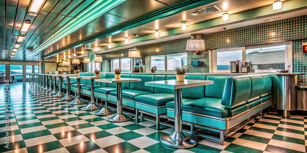 Vintage chrome-edged diner with retro turquoise booths, neon signage ...