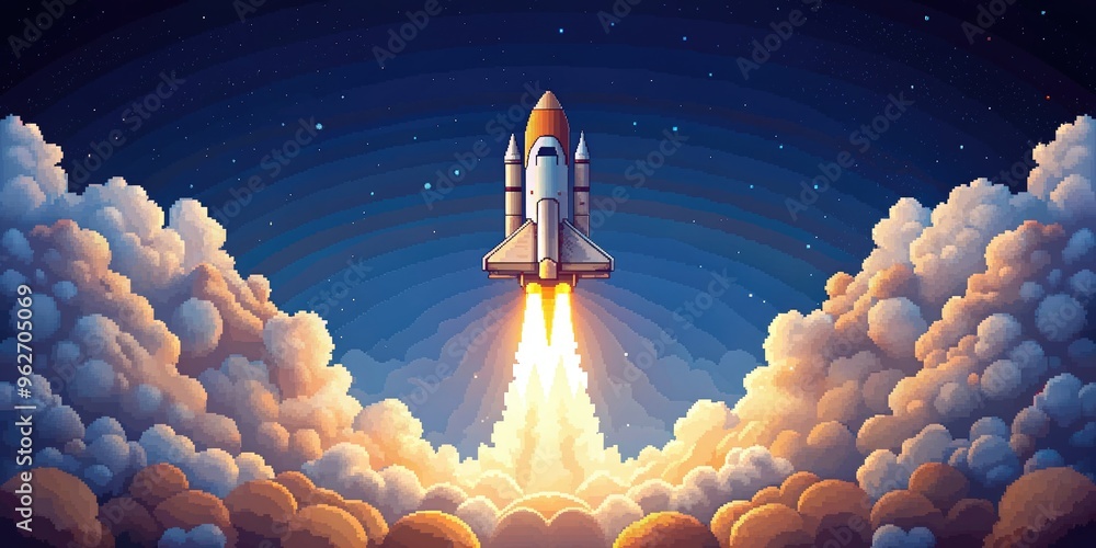 Pixel art animation of rocket launching into space surrounded by smoke ...