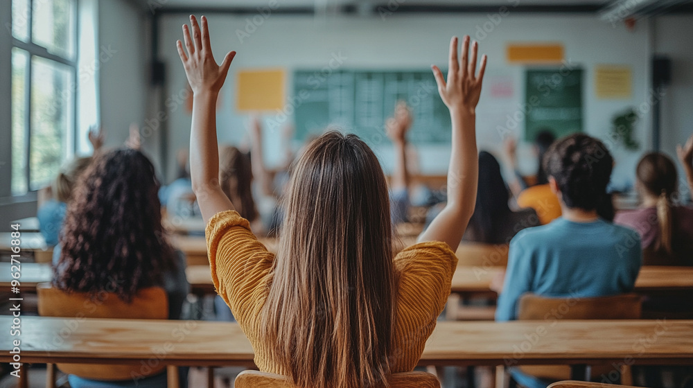 student raises their hand in a classroom, the focus on the hand while ...