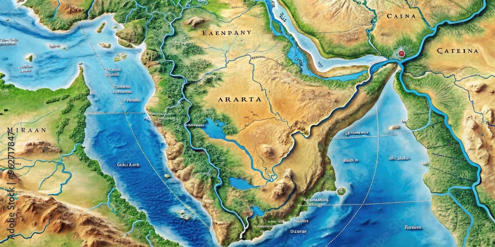 Panoramic Map Of The Nile River, Showcasing Its Winding Course Through ...