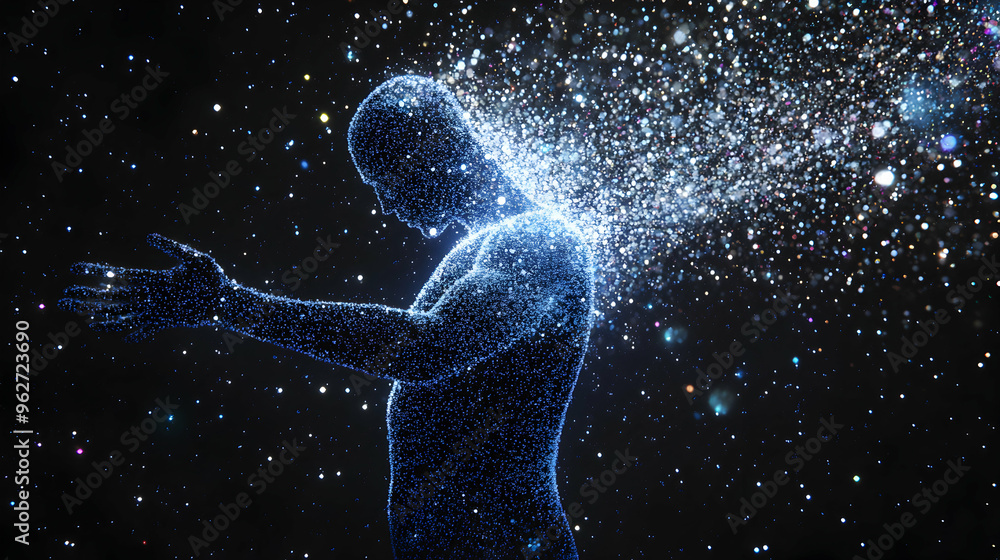 Abstract image of a human figure made of particles, dissolving into the ...