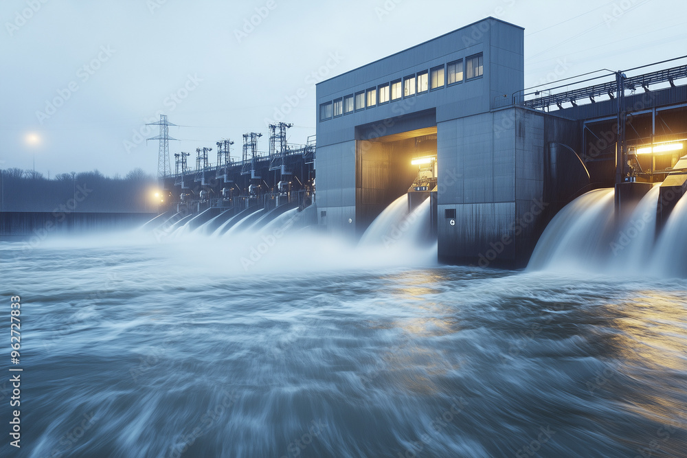 Hydroelectric dam generating power as water flows through turbines ...