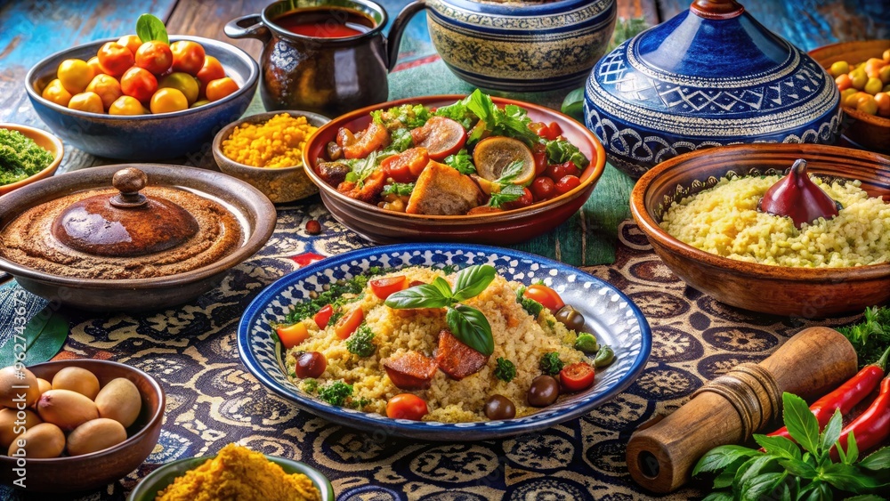 Vibrant Assortment Of Traditional Tunisian Dishes Featuring Couscous ...