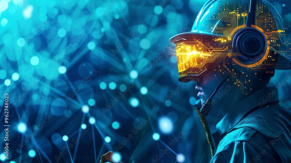 A high-tech construction worker equipped with advanced gear and a visor ...