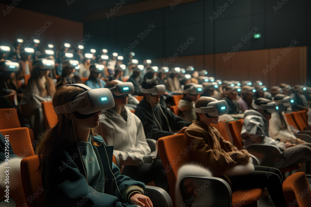 Auditorium filled with people wearing VR headsets. Students learn new ...