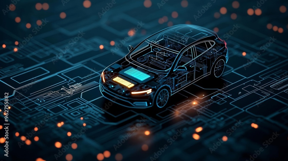 High-tech electric car schematic with illuminated lithium battery and ...