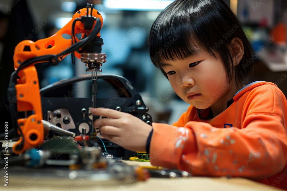 Asian child learns robotics using screwdriver on small circuit board ...