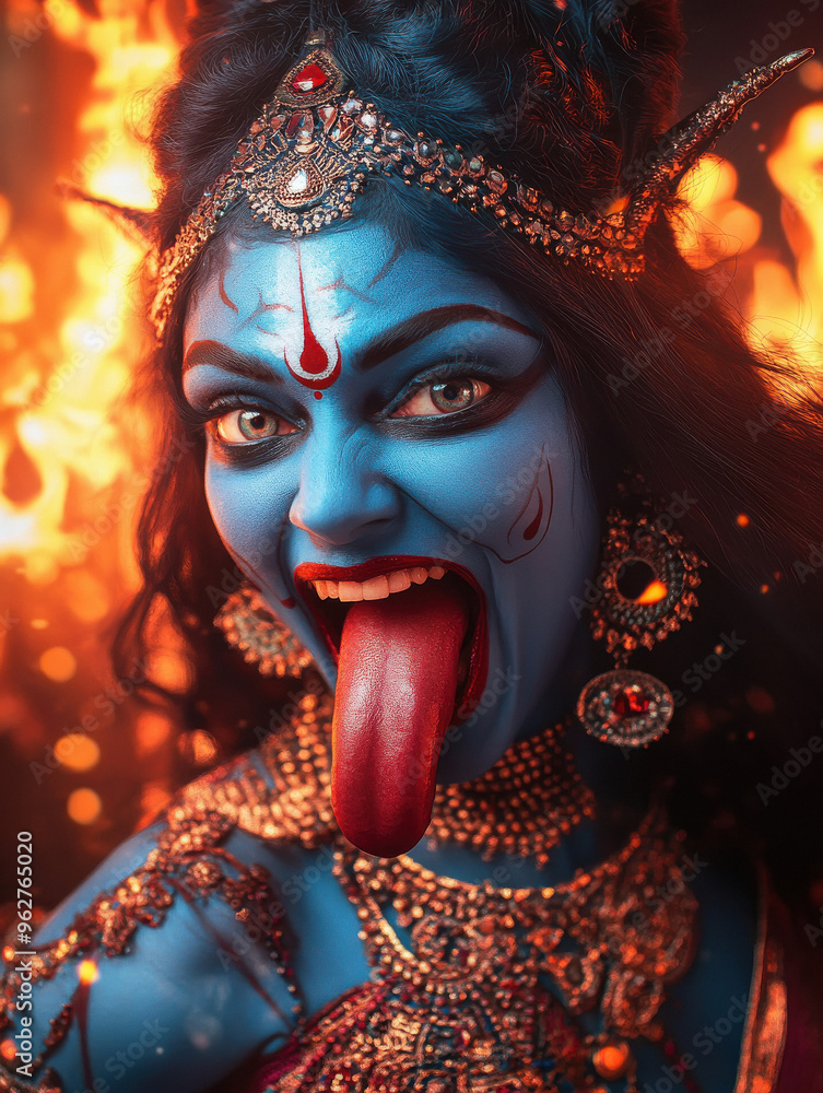 blue skinned goddess Kali with red huge tongue, fire background at ...