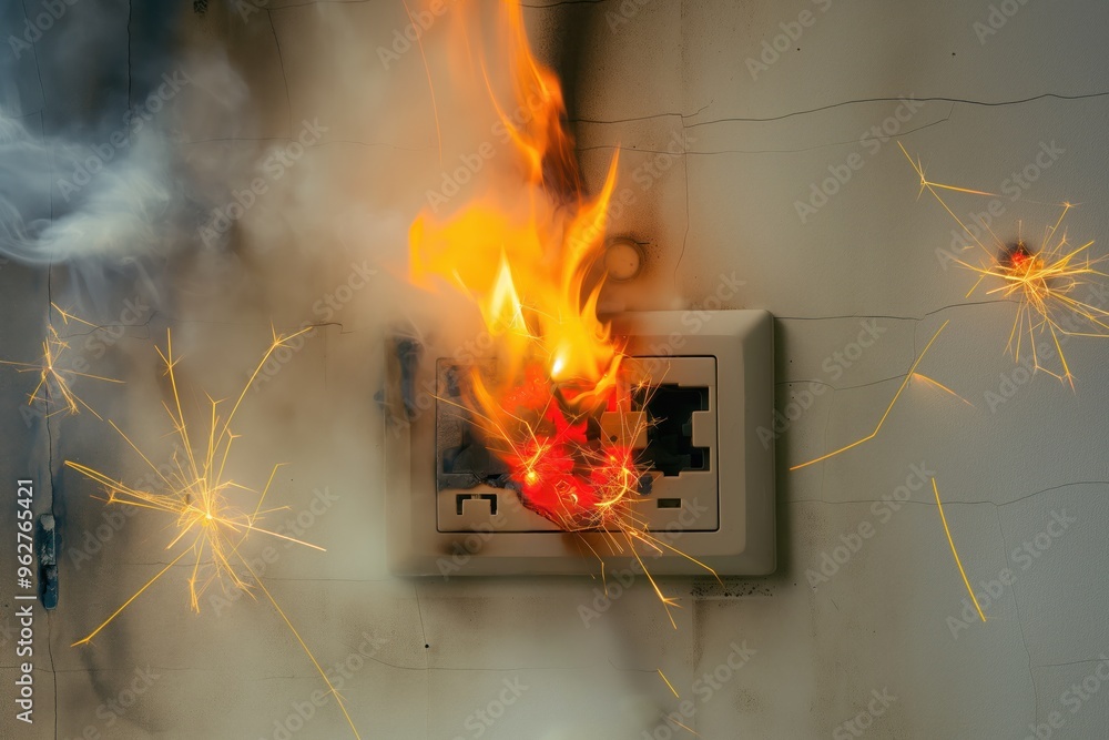 Electrical fire hazard scene wall outlet engulfed in flames, emitting ...