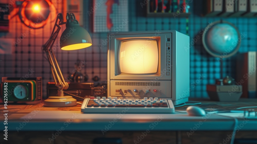 Nostalgic scene of a vintage computer setup with a glowing CRT monitor ...