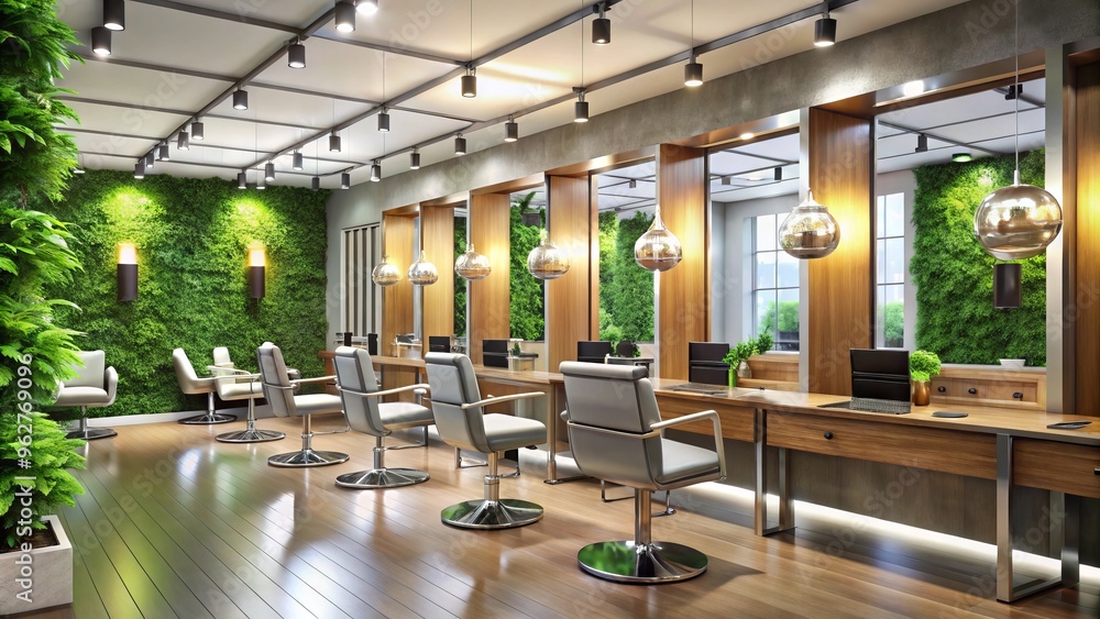 A modern, sleek beauty salon interior featuring a row of stylish hair ...